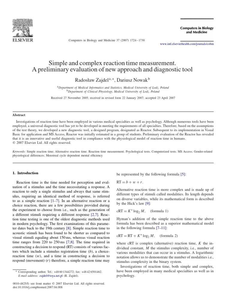 Simple and Complex Reaction Time Measurement.a Preliminary Evaluation ...