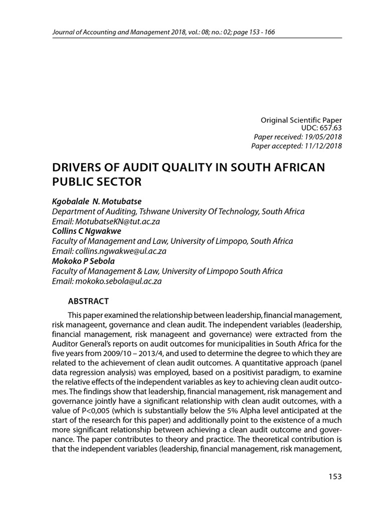 Drivers of Audit Quality in South African Public Sector | PDF