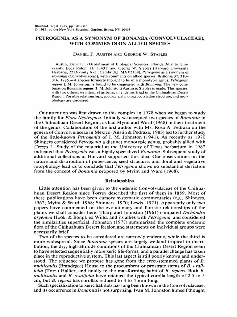 Petrogenia As A Synonym of Bonamia (Convolvulaceae) | PDF