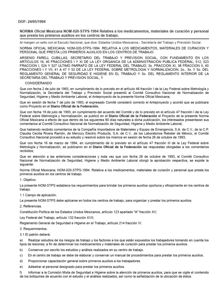 NORMA Oficial Mexicana NOM-020-STPS-1994 Relativa A Los Medicamentos, Materiales de Curación y ...