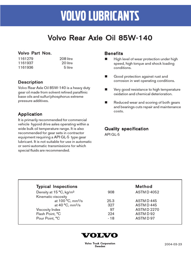 Volvo Rear Axle Oil 85W-140 Overview | PDF | Chemical Substances ...