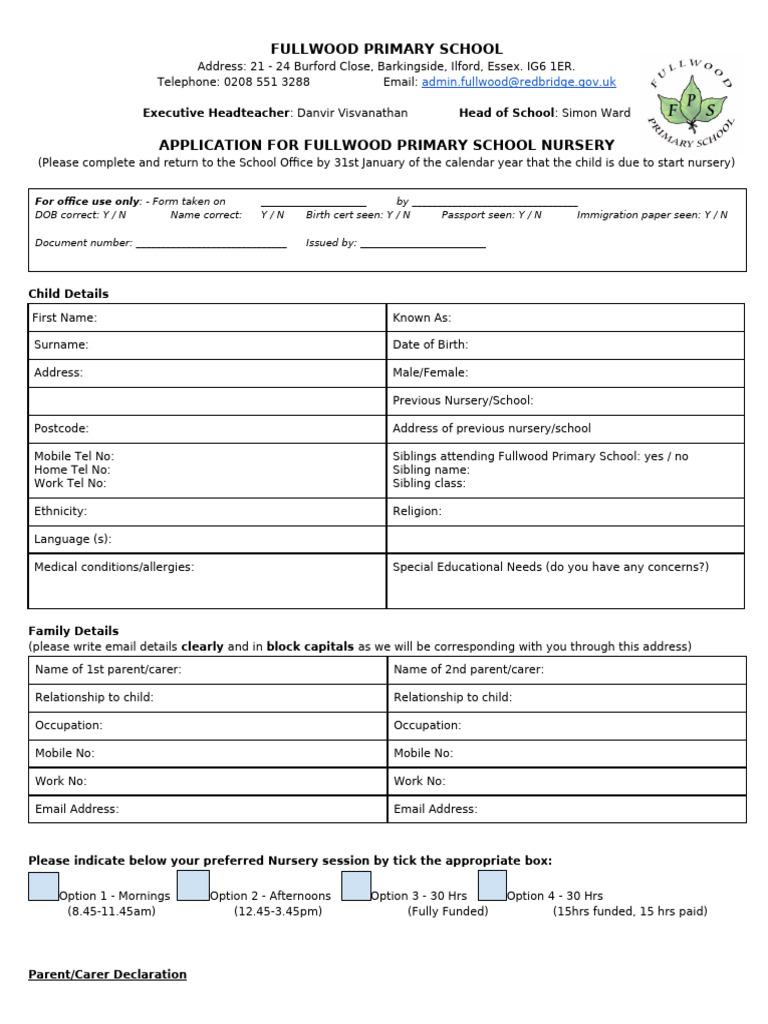 Nursery Application Form 1 | PDF