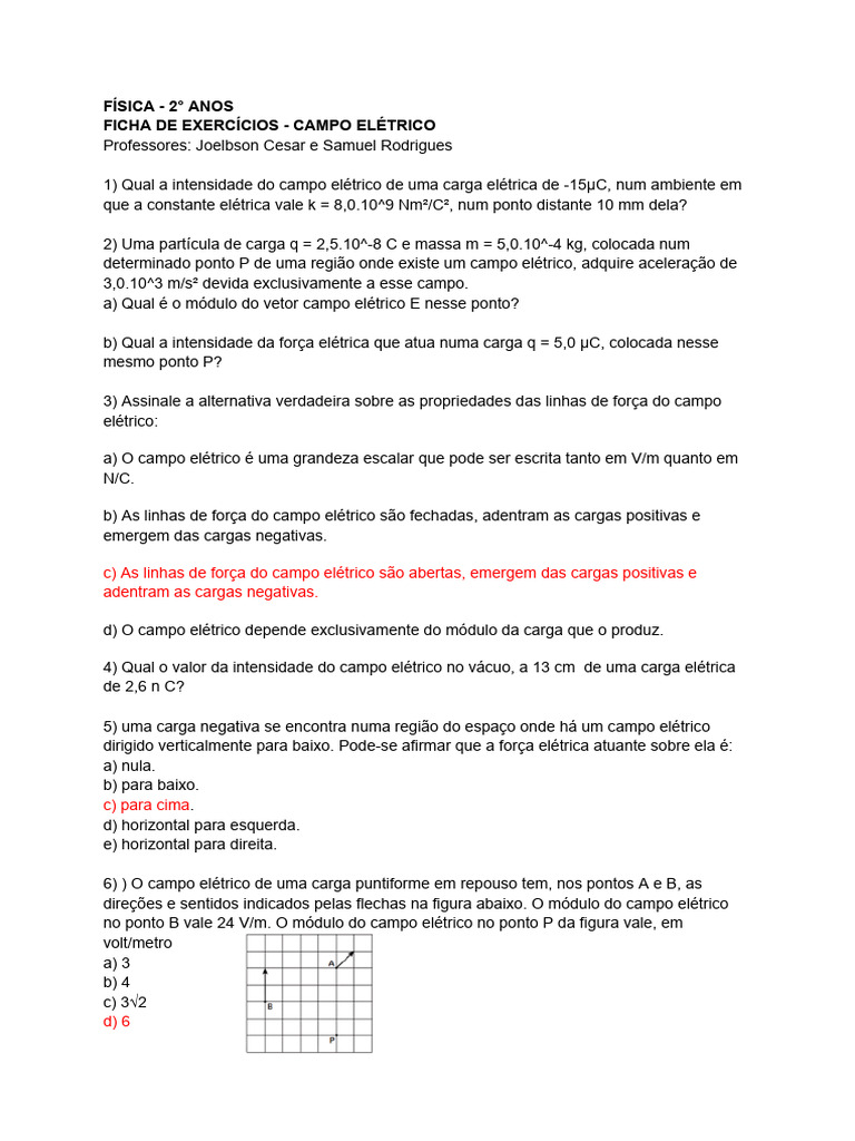Com Gab - Física 2° Anos Ficha de Exer - Campo Elétrico 15 04 2024 | PDF