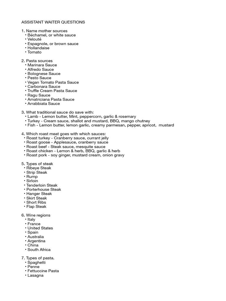 Assistant Waiter Questions-1 | PDF