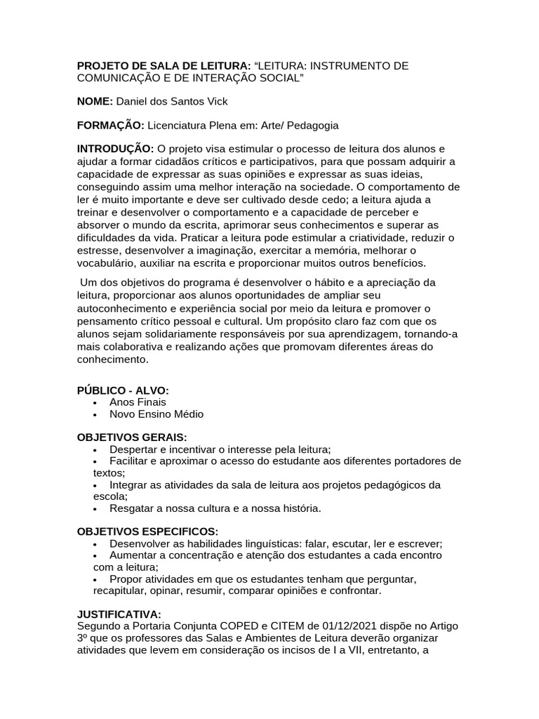 PROJETO DE SALA DE LEITURA - Daniel - 2024 | PDF