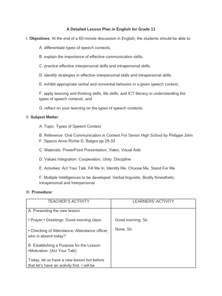 Detailed Lesson Plan Grade 11 | PDF | Communication | Language Arts ...