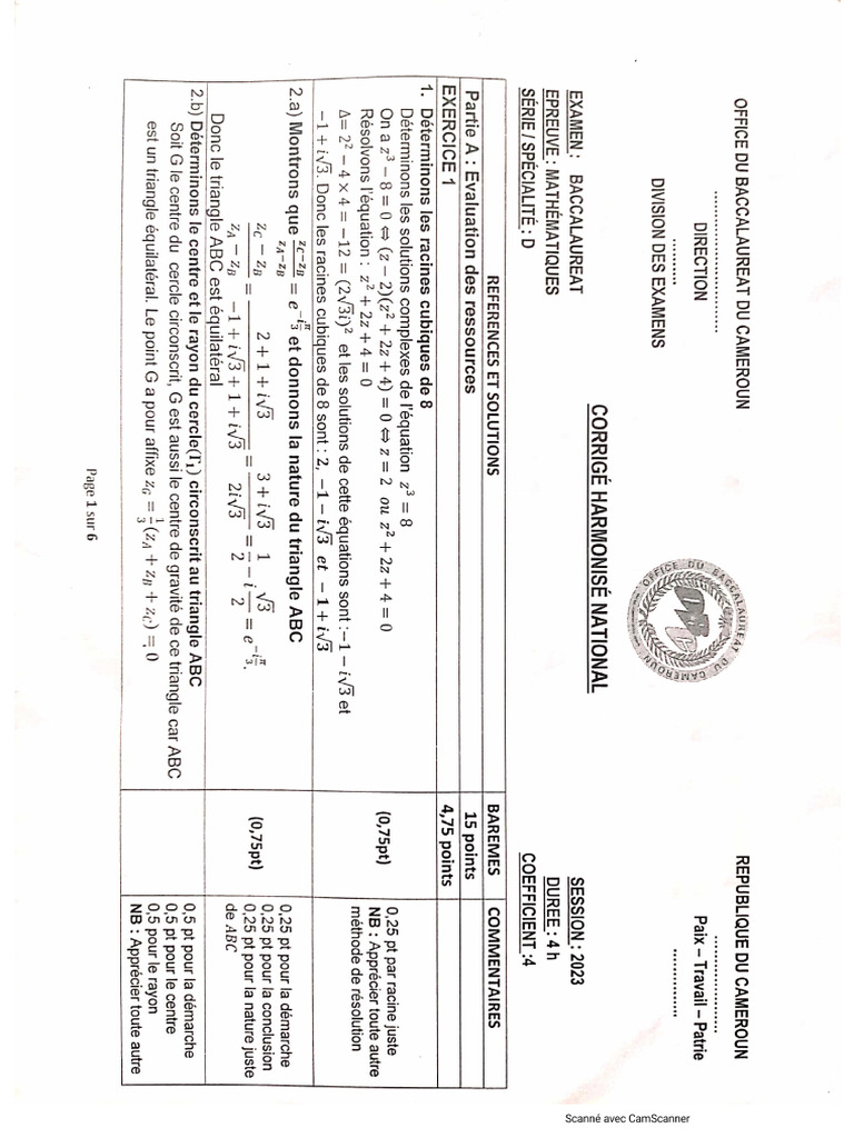 Corrigé Harmonisé National Maths Bac D 2023 - 033337 | PDF