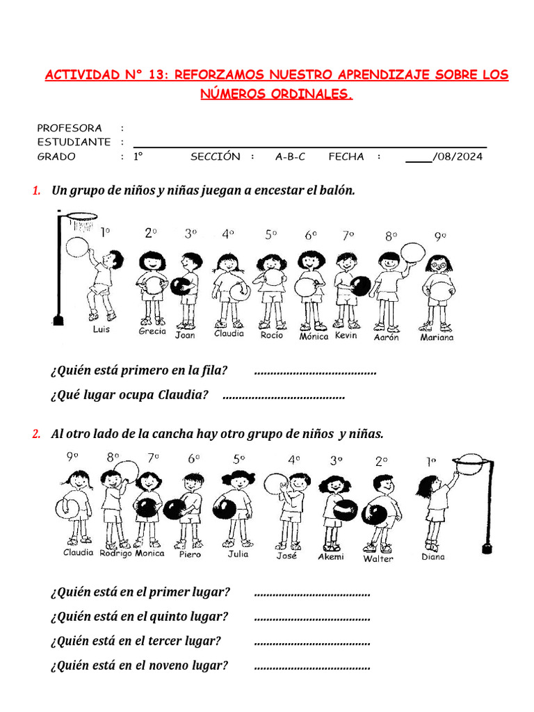 ACTIVIDAD No 13 - RAZ. MAT - REFORZAMOS NUMEROS ORDINALES - PRIMER GRADO | PDF