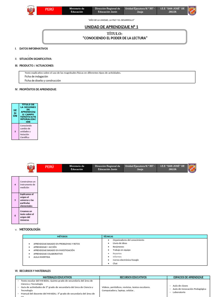 Unidad de Aprendizaje #1 - Quinto Grado | PDF