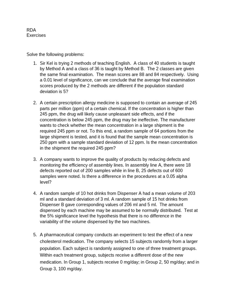 Simple Test of Hypothesis and ANOVA Assignment Set A | PDF