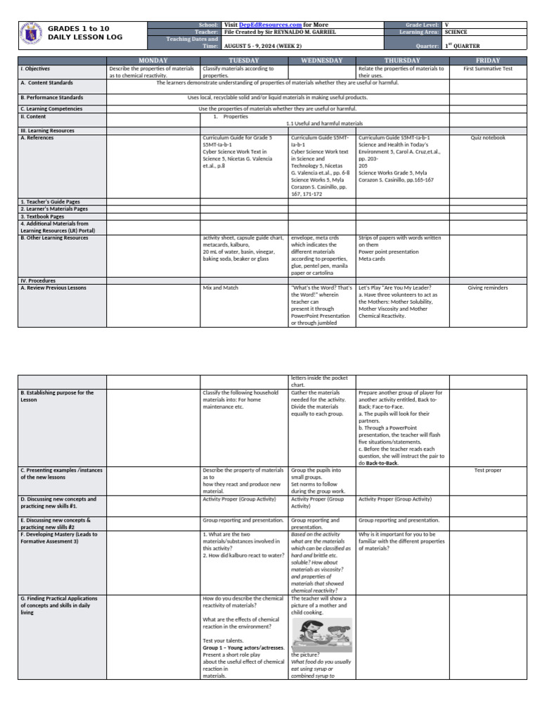 DLL - Science 5 - Q1 - W2 | PDF