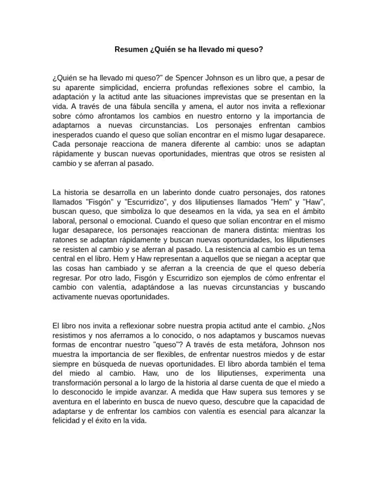 Resumen ¿Quien Se Ha Llevado Mi Queso? | PDF