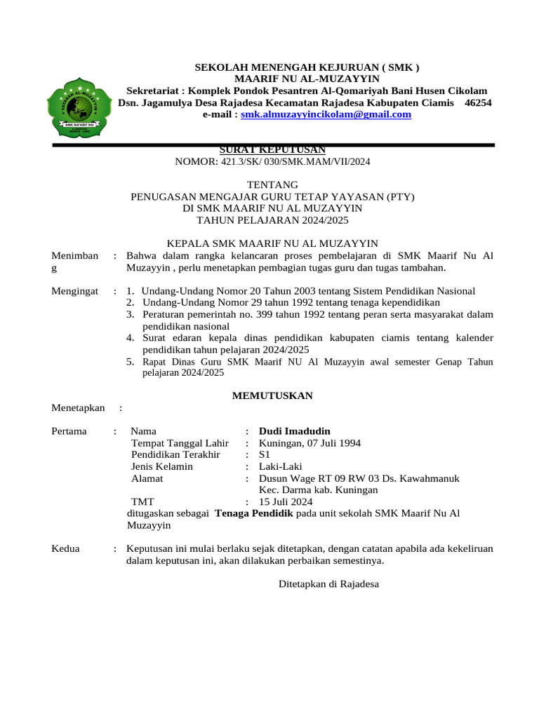 SK Penugasan Guru Dan SK Pengangkatan Yayasan | PDF