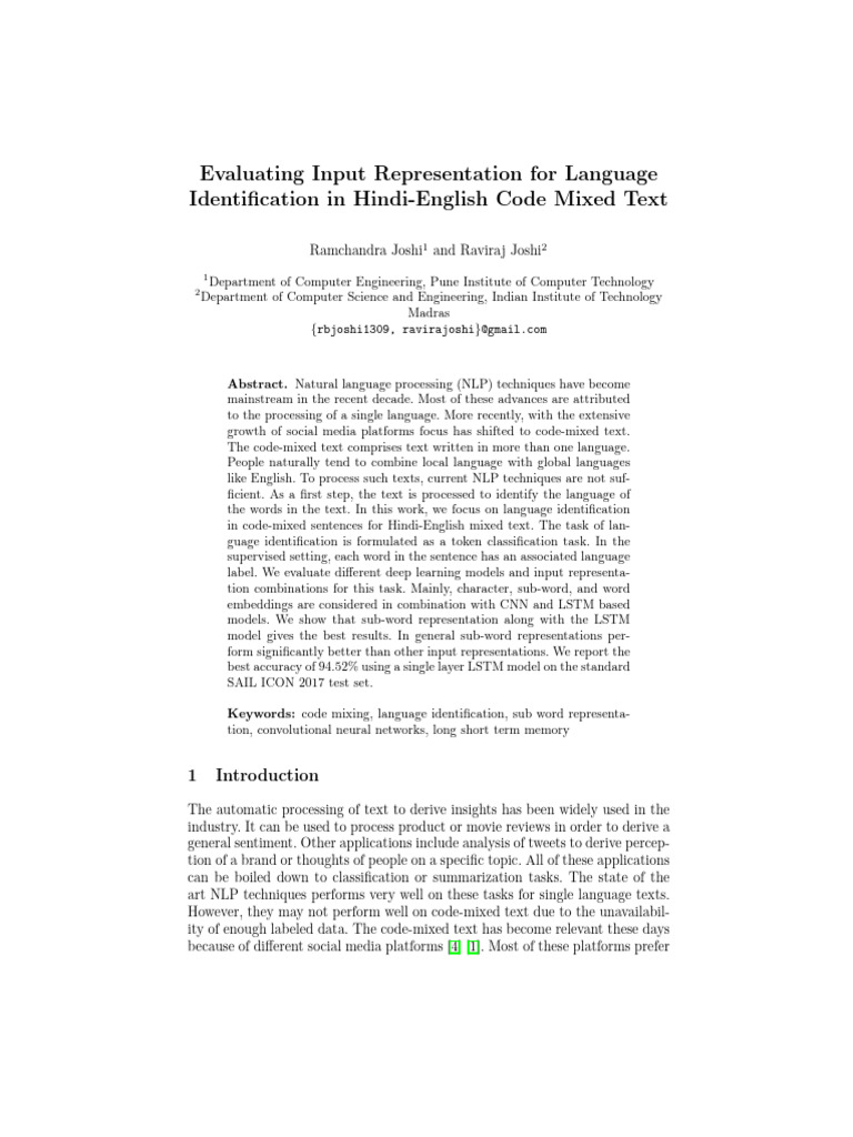 Evaluating Input Representation For Language Identification in Hindi-English Code Mixed Text | PDF