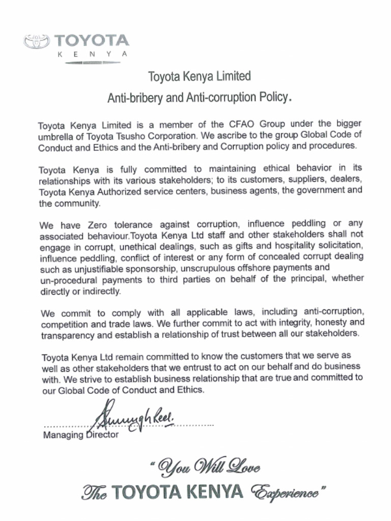 Toyota Kenya Anti Corruption and Anti Bribery Policy | PDF