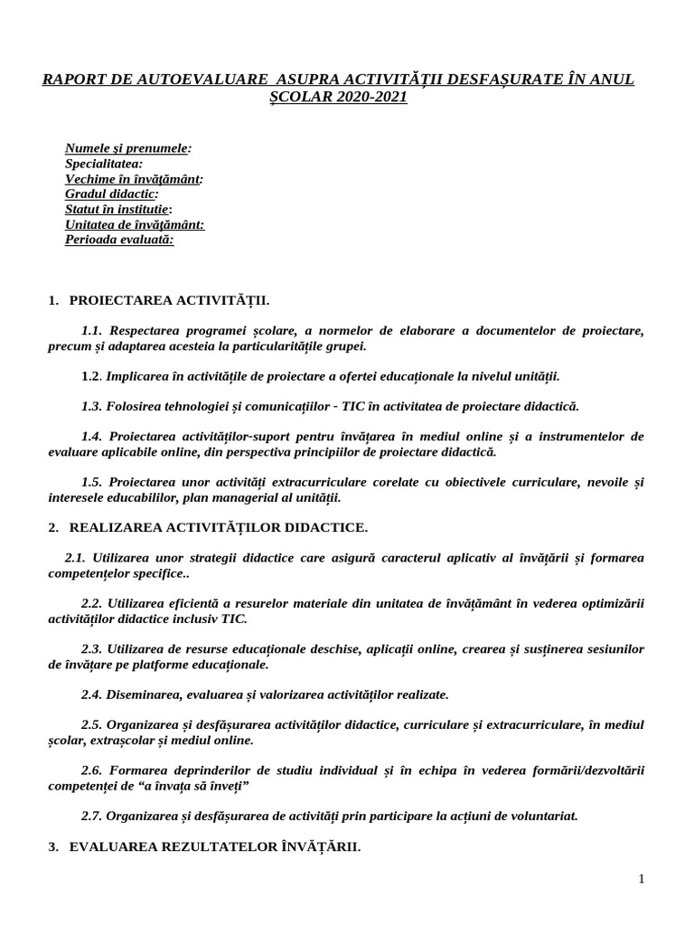 Model Raport Autoevaluare | PDF