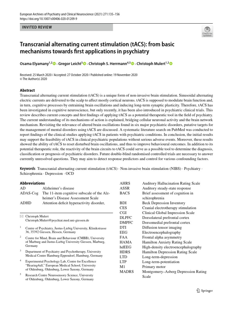 Transcranial Alternating Current Stimulation (tACS) From Basic Mechanisms Towards First ...