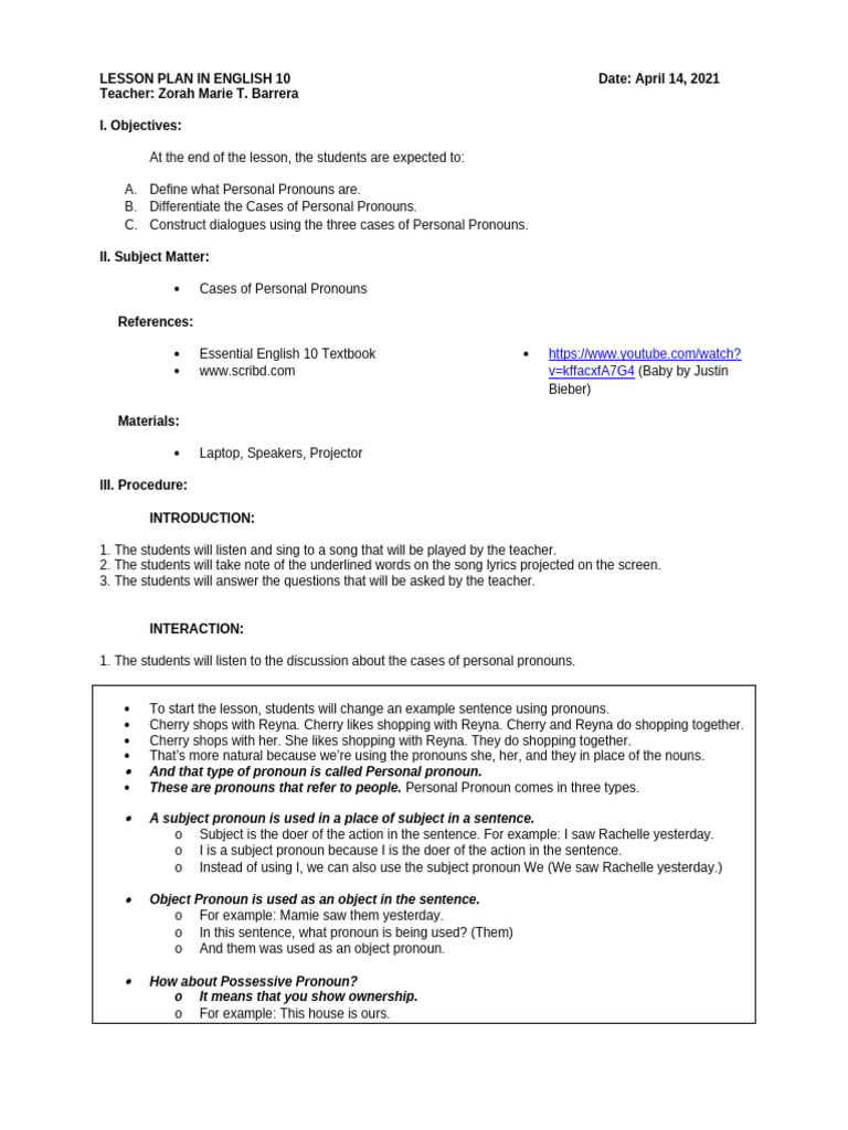 Lesson Plan For Jhs Demo | PDF | Pronoun | Language Arts & Discipline