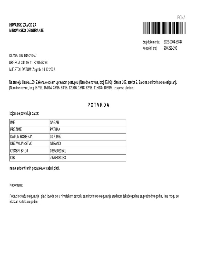 Potvrda o Stazu I Placi | PDF