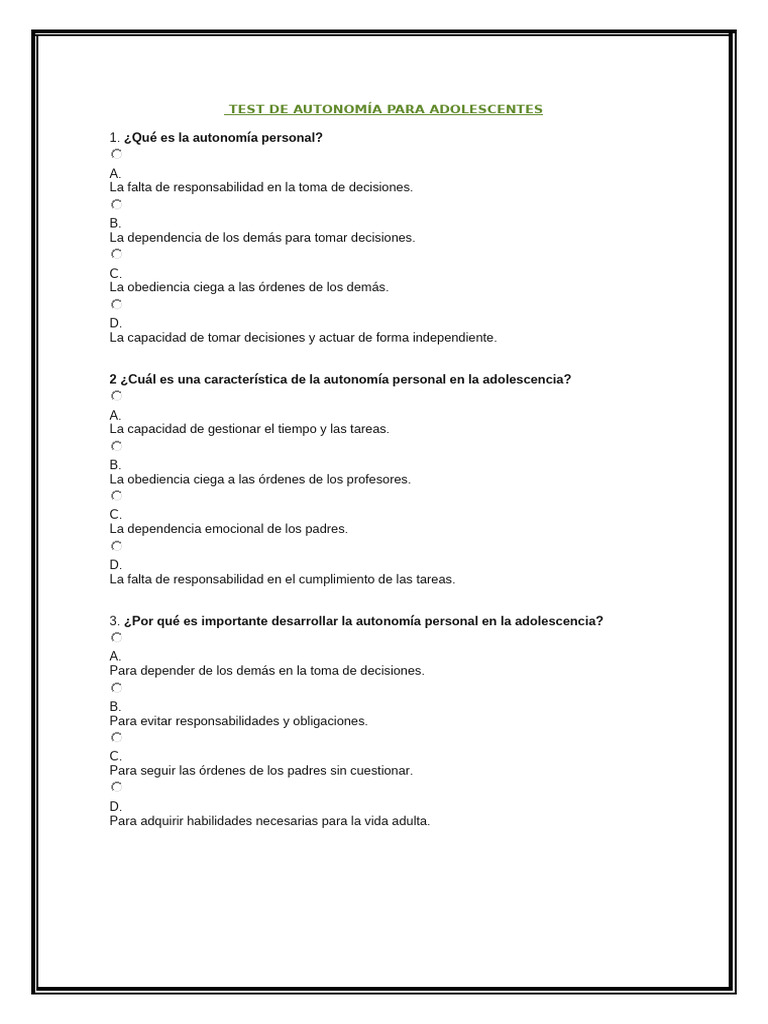 TEST DE AUTONOMÍA PARA ADOLESCENTES | PDF
