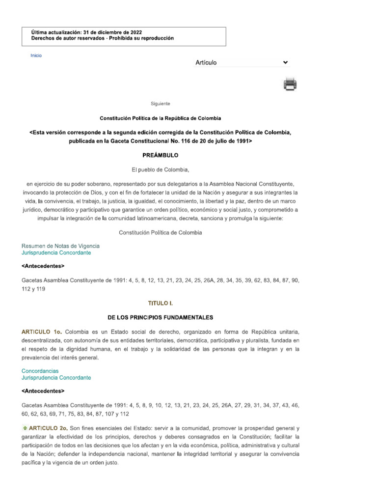 Constitución Política Colombiana De 1991 Pdf