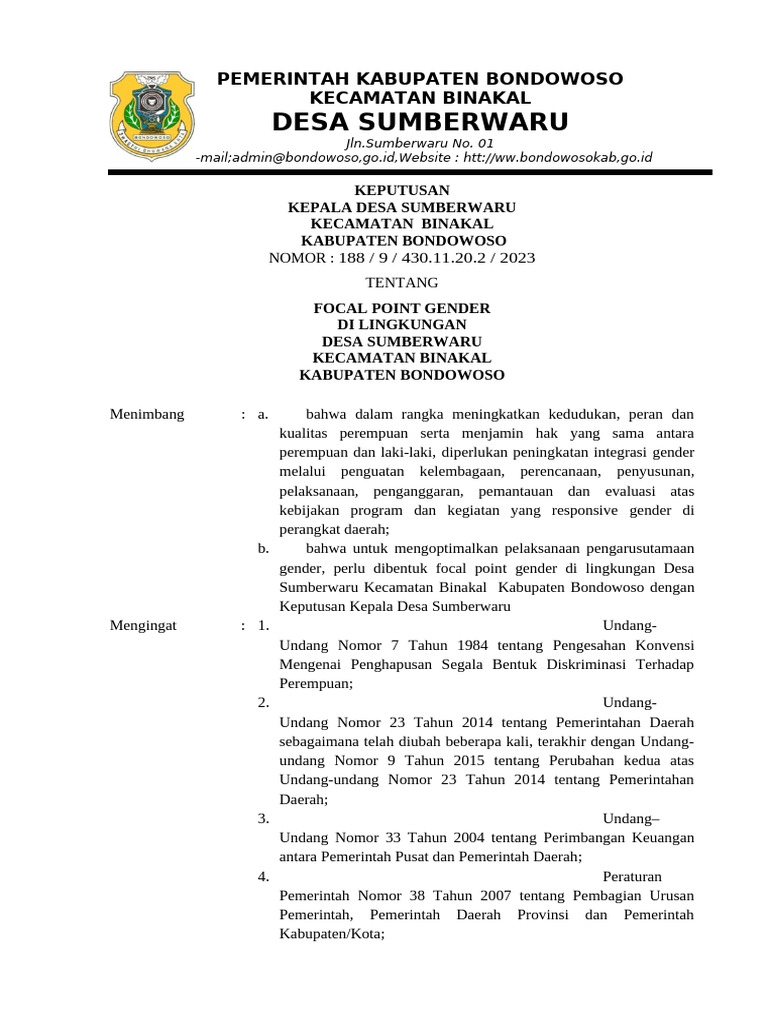 Draf SK Focal Point Gender Kecamatan 2023 | PDF