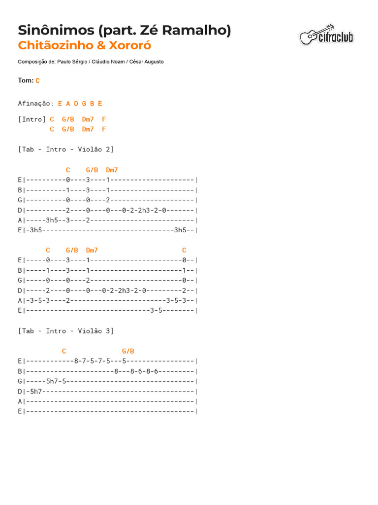 Cifra Club - Chitãozinho & Xororó - Sinônimos (Part. Zé Ramalho) | PDF