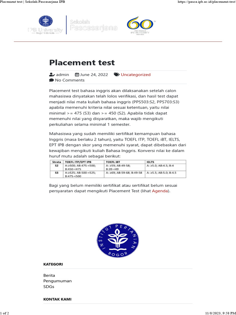 Placement Test Sekolah Pascasarjana IPB | PDF