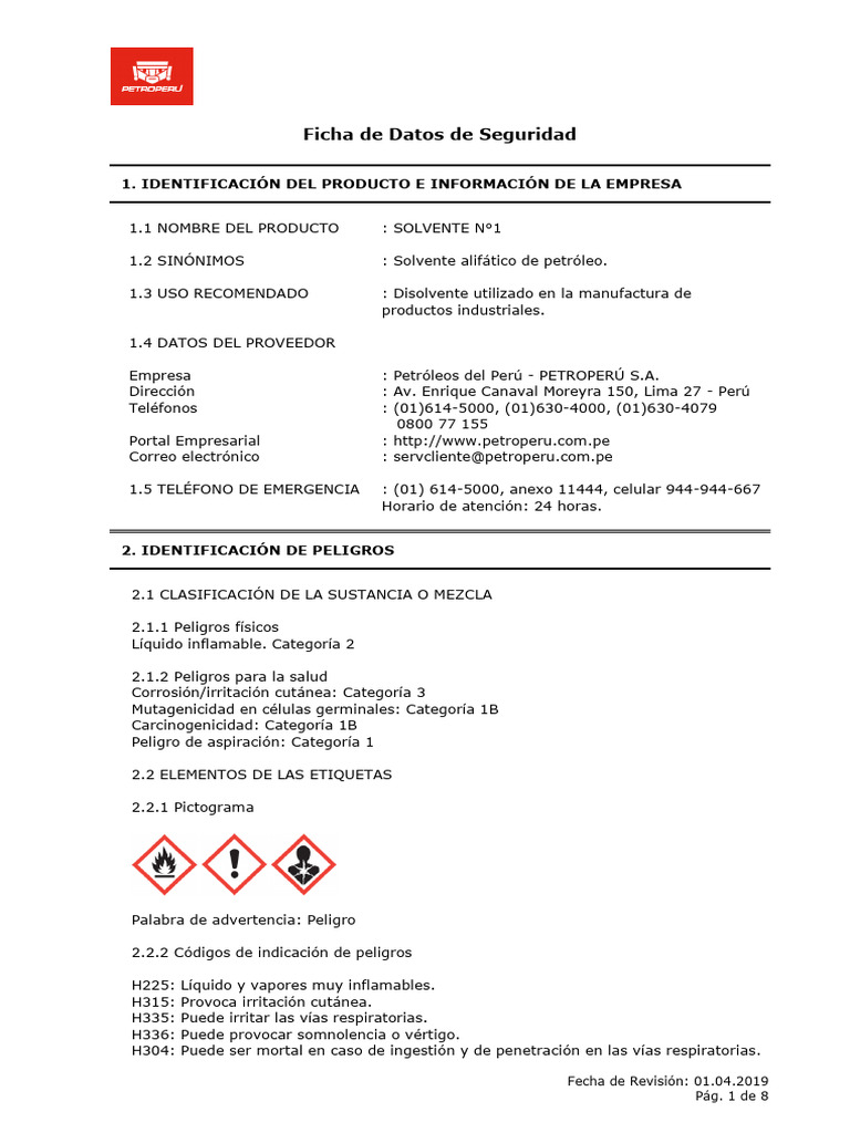 Hoja SDS - Solvente 1 PETRO MSDS (E) PETROPERU | PDF