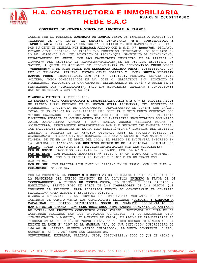 Contrato A Plazos Sheyla Campos y Alexandro | PDF