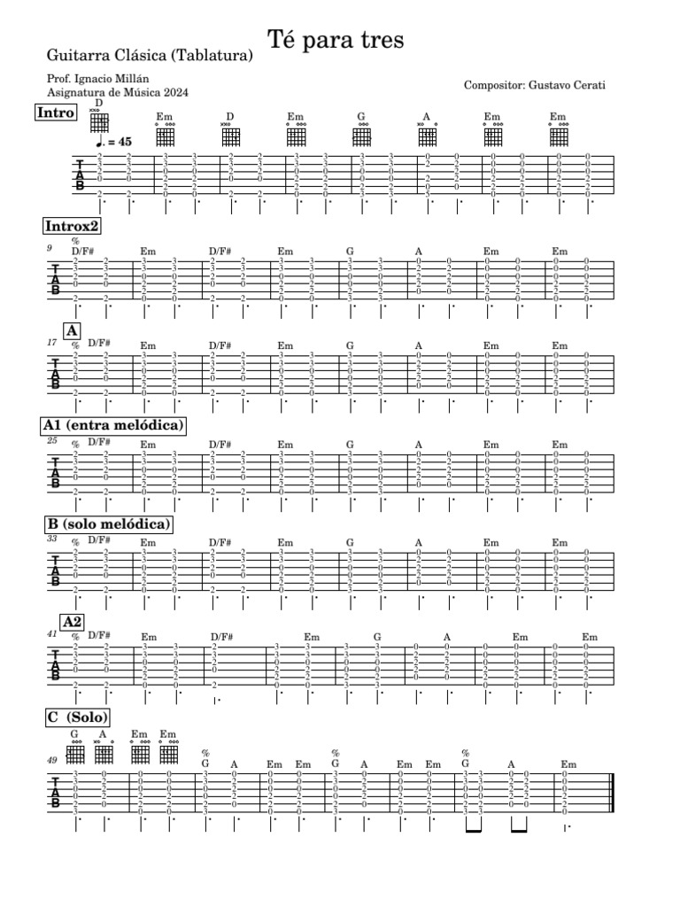 Té - para - Tres Arreglo-Guitarra Clásica Acordes (Tablatura) | PDF
