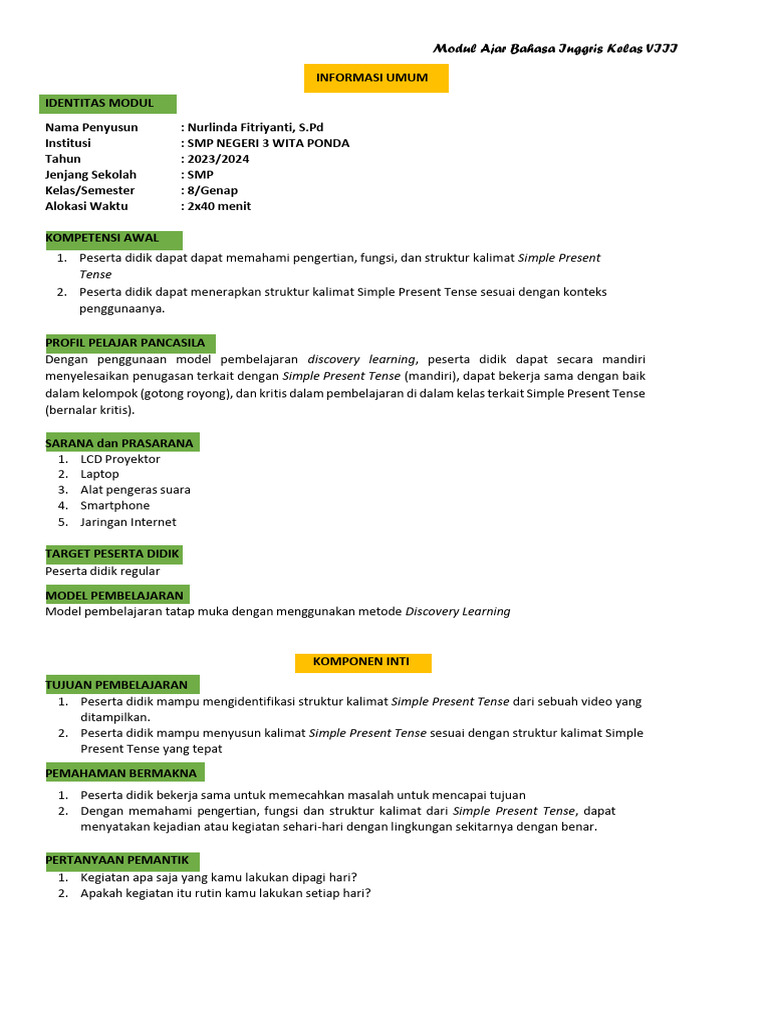 MODUL AJAR Bahasa Inggris-Simple Present Tense | PDF