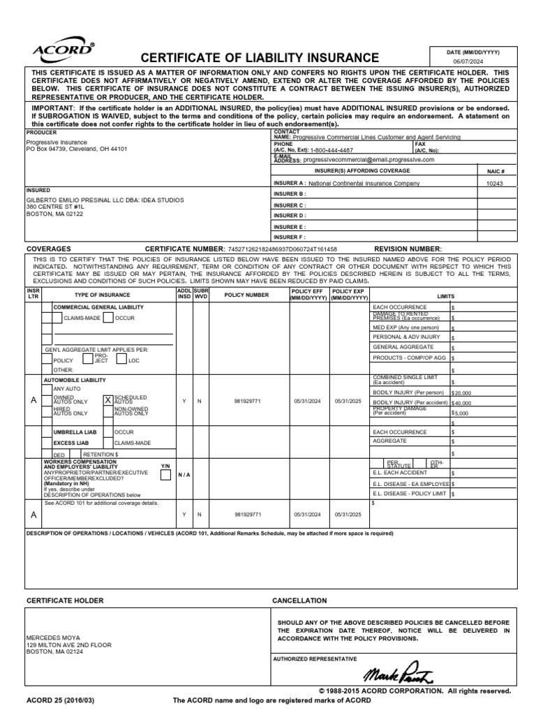 Certificate of Liability Insurance | PDF