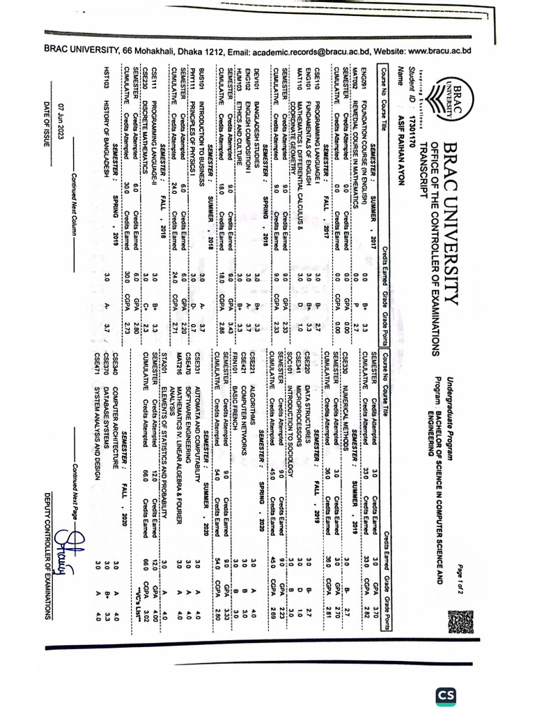 BRAC University Transcript and Certificate | PDF