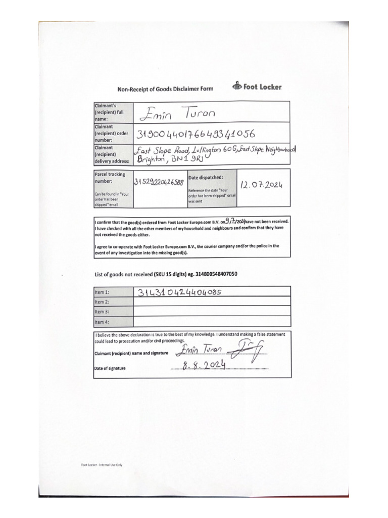 Non-Receipt of Goods Disclaimer Form | PDF