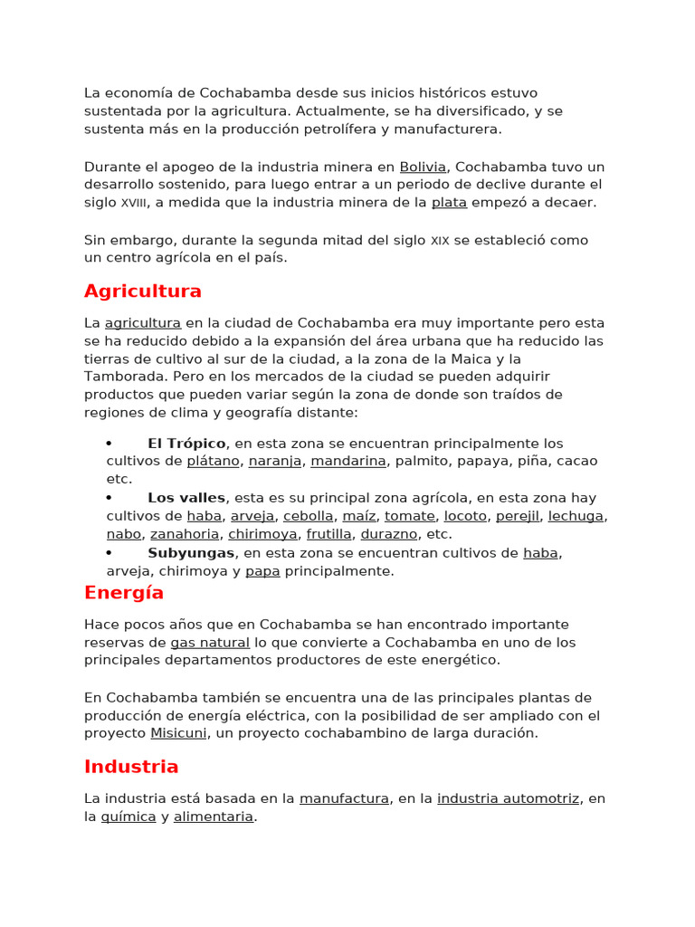 La Economía de Cochabamba Desde Sus Inicios Históricos Estuv | PDF