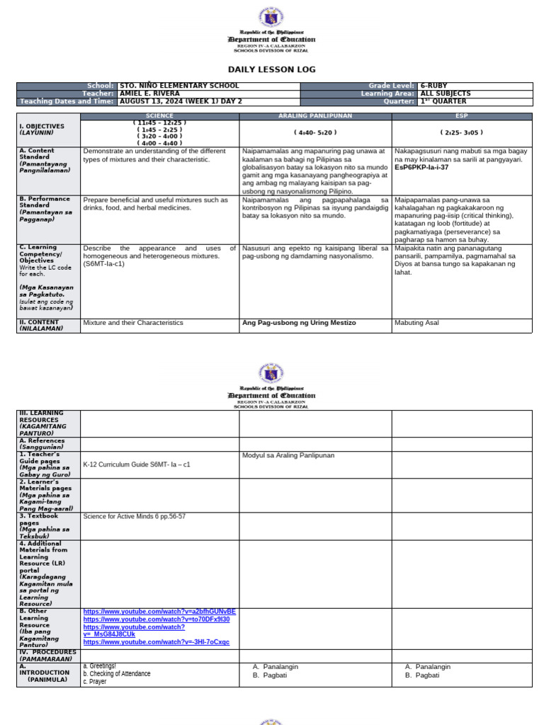 DLL - All-Subjects-2024-2025 Lesson 2 | PDF