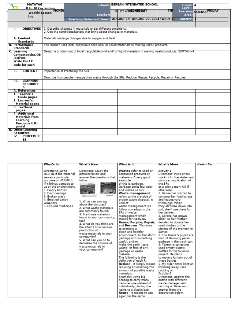 DLL - Science 5 - Q1 - W4 | PDF