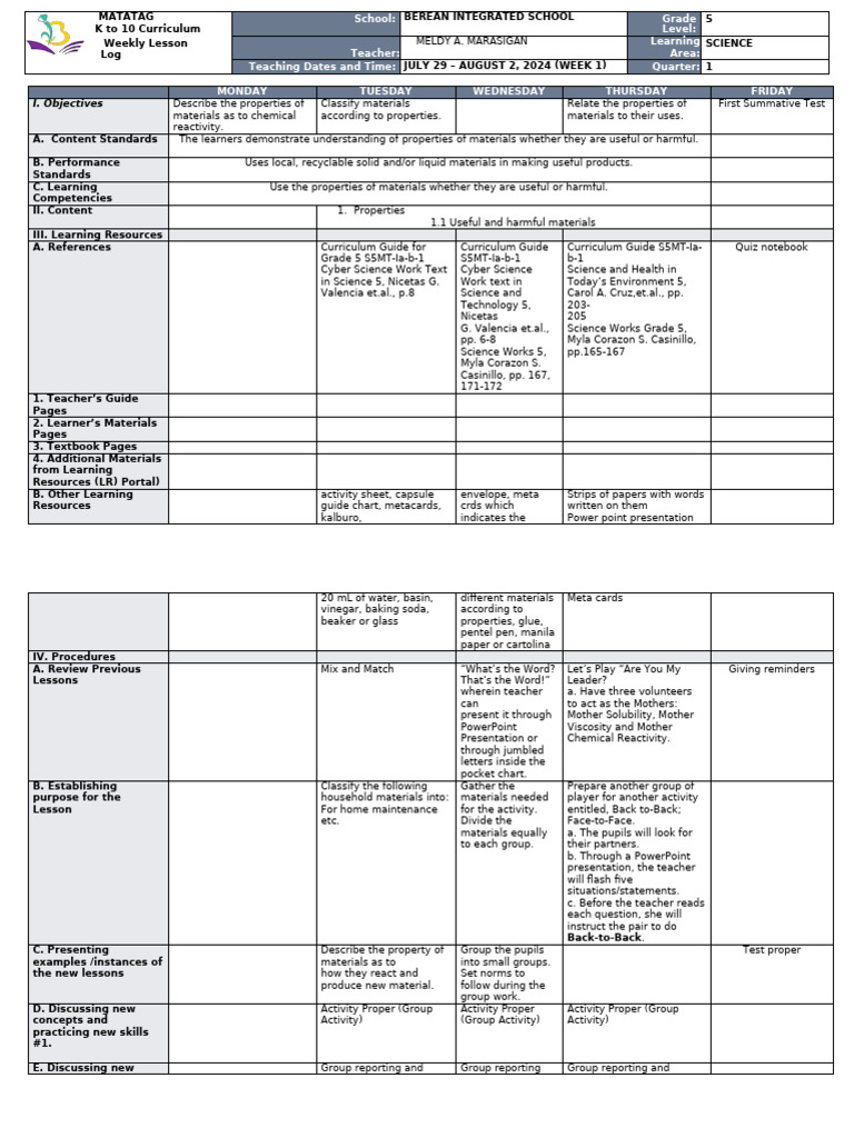 DLL - Science 5 - Q1 - W1 | PDF