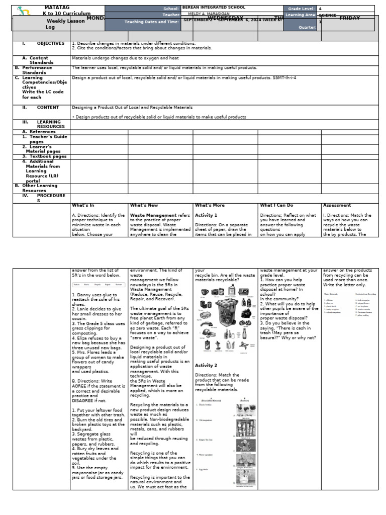 DLL - Science 5 - Q1 - W6 | PDF