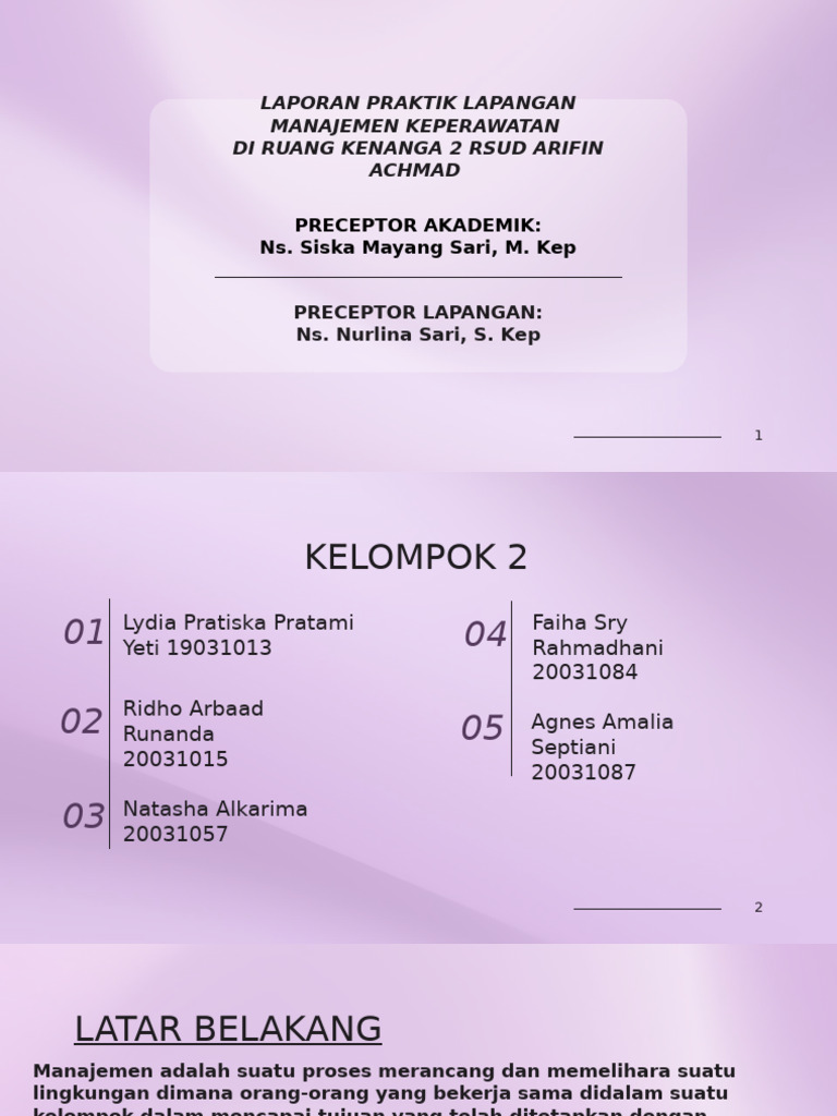 Laporan Praktik Lapangan Manajemen Keperawatan Di Ruang Kenanga 2 Rsud Arifin Achmad | PDF