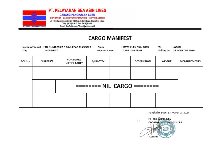 Cargo Manifest Nihil Bg. Layar Mas 3023 | PDF