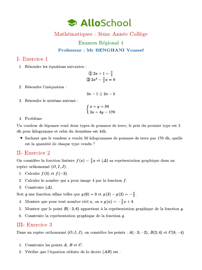 Maths 3ac Examen Regional 4 1 | PDF
