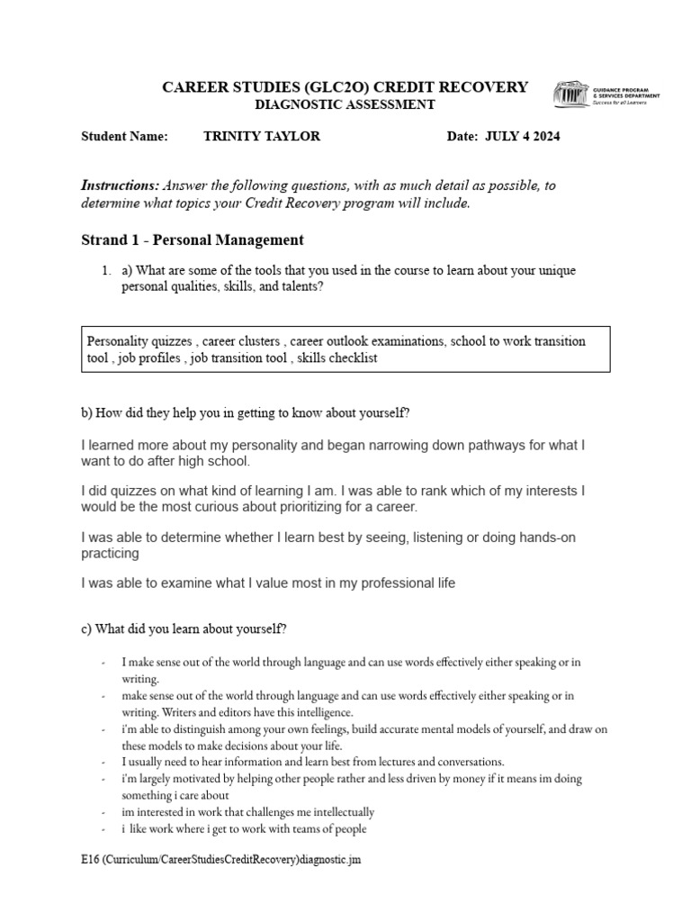 Trinity Taylor GLC2OW - Careers Diagnostic | PDF
