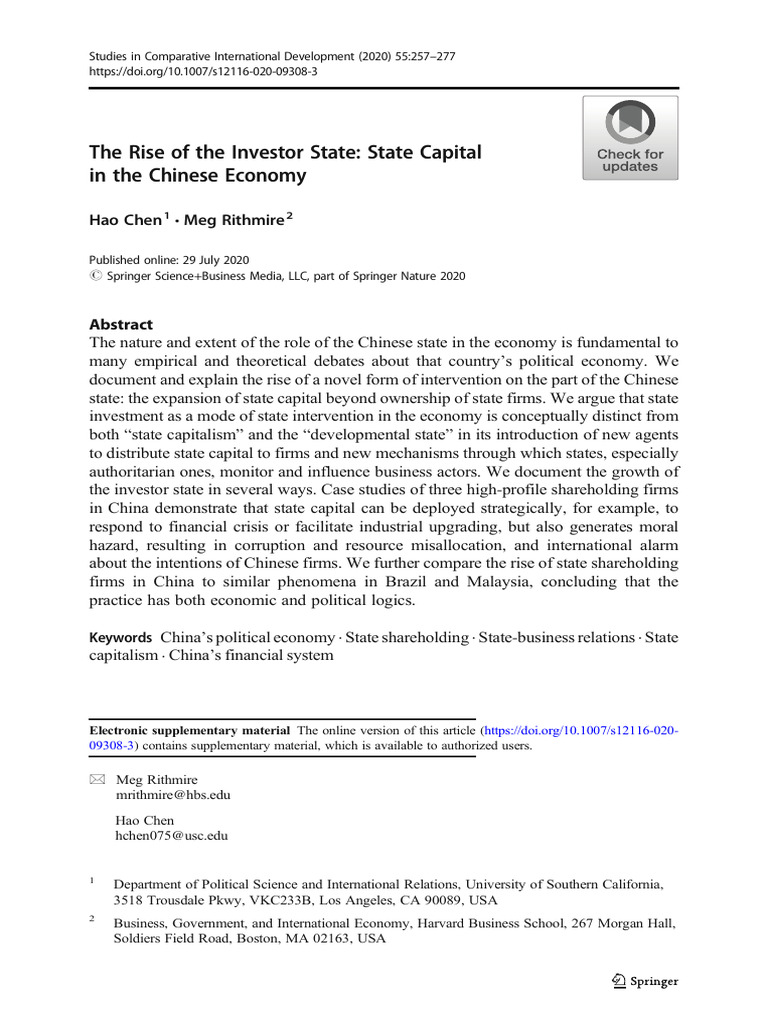 The Rise of The Investor State State Capital in The Chinese Economy Hao ...