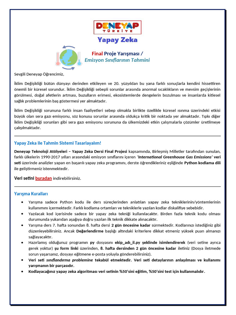 YZ Deneyap Final-Projesi Ögrenci Bilgilendirmesi 2024 | PDF