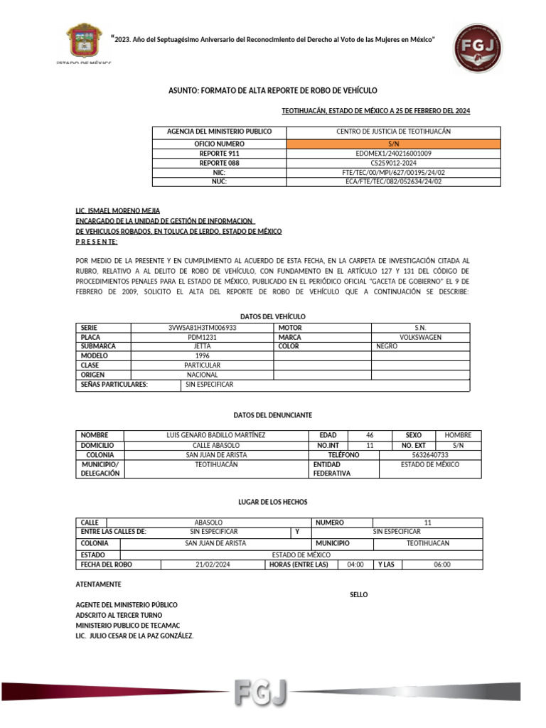 Alta de Vehiculo Robado Lic. Ismael Pas | PDF