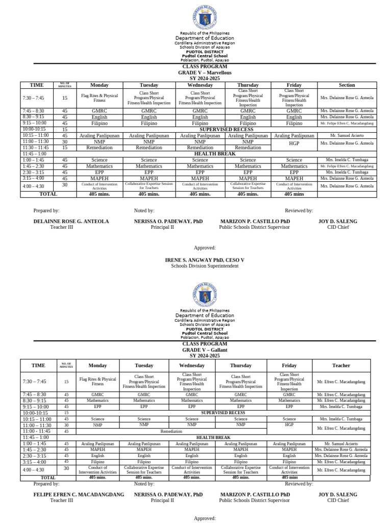 Class Program & Teacher's Program | PDF