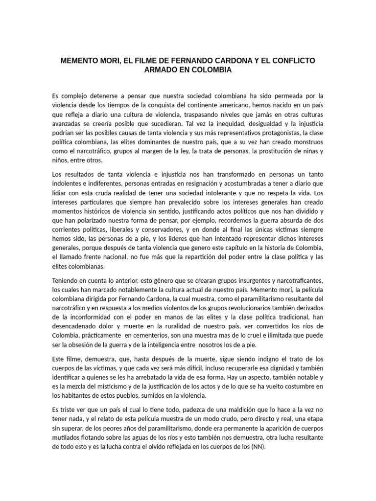 Memento Mori, El Filme de Fernando Cardona y El Conflicto Armado en ...