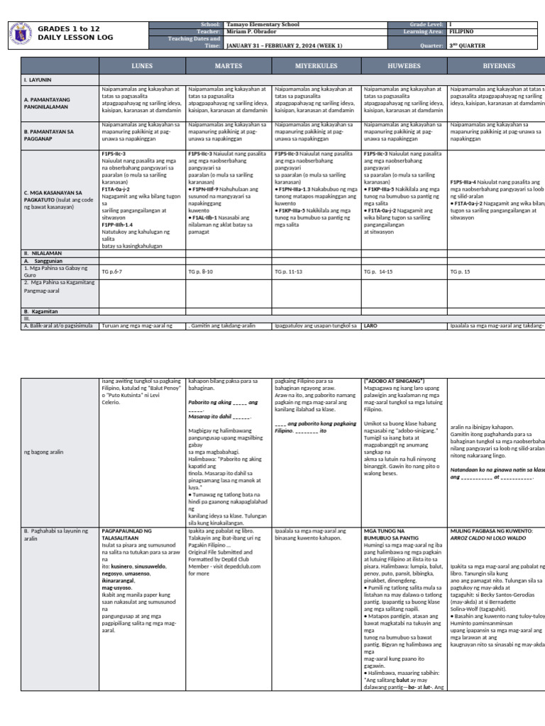 DLL - Filipino 1 - Q3 - W1 | PDF